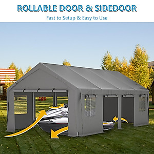 Thanaddo Carport 13'x 25' Heavy Duty Car Port with Roll-up Sidewall and Ventilated Windows with Removable Sidewalls,Portable Outdoor Garage for Car,Truck,Boat,Car Canopy,Gray Carports