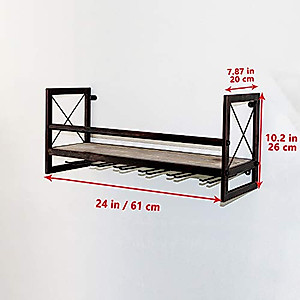 MBQQ Industrial Wine Racks Wall Mounted with Stemware Racks,24" Rustic Metal Hanging Wine Holder,Bottle Holder with 7 Stem Glass Holder,Metal&Wood Shelves Home Decor Wall Shelf,Retro Red