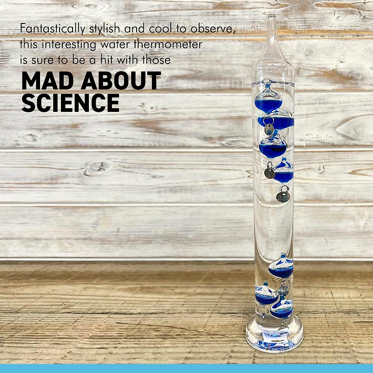 30cm Tall Free Standing Galileo Thermometer with Seven Blue Floating Globes | Measures temperatures from 16 Degrees Centigrade to 28 Degrees | Also in Fahrenheit | Weather Station | Water Thermometer