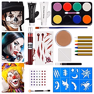Halloween Makeup Kit, White Black Skeleton Face Paint, Clown Witch Makeup Palette, Vampire Zombie Makeup Kids Adult Special Effects: Fake Blood Scar Wax Tattoos Stencils Crayons Set