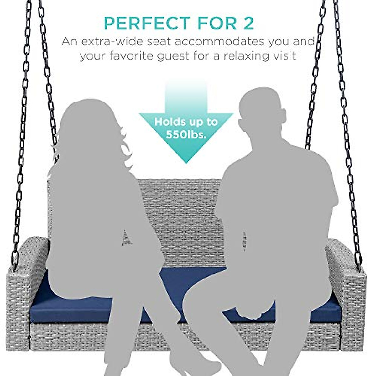 Best Choice Products Woven Wicker Outdoor Porch Swing, Hanging Patio Bench for Deck, Garden w/Mounting Chains, Seat Cushion - Gray/Navy