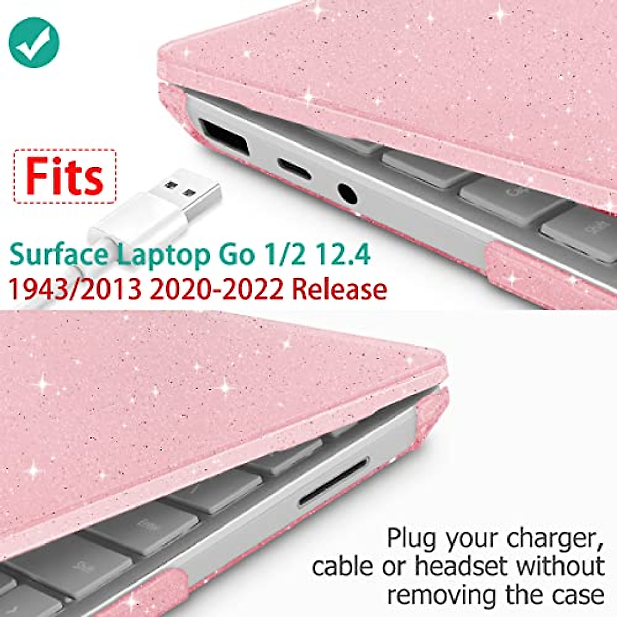 May Chen Compatible with 12.4 inch Microsoft Surface Laptop Go 2 Models: 1943 2013, Release 2022 Fashion Plastic Hard Shell Case with Screen Protector + Keyboard Cover + Dust Plugs, Pink Glitter