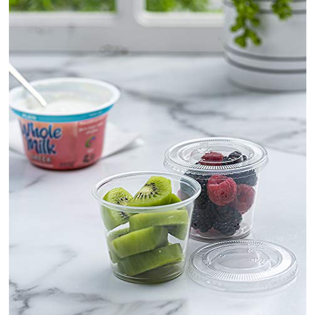 Plastimade Clear Disposable Plastic Portion Cups With Lids (100 Sets - 5.5 Oz) - Disposable Condiment Cups, Thanksgiving Sauce/Dip/Dressing Cups, Souffle Cups & Jello Shot Cups With Lids