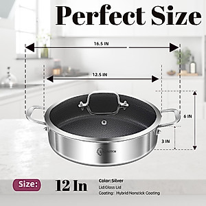 LOLYKITCH 5.5 Quarts Hybrid Tri-Ply Stainless Steel Non-Stick Deep Frying Pan,Sauté Pan with lid,Induction Large Pan, Jumbo Cooker,Heavy Duty & Oven Safe.