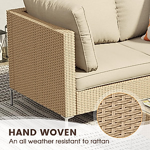 VICLLAX 5 Pieces Wicker Patio Furniture Set, Outdoor Conversation Set Sectional Sofas with Cushions and Glass-top Tea Table, Oak Rattan