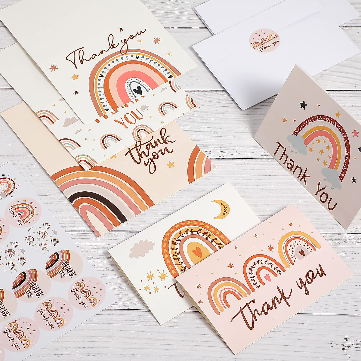 Pajean 24 Pcs Boho Thank You Cards with Envelopes and Stickers Rainbow Greeting Cards Boho Theme Note Cards Appreciation Card Thank You Cards for Baby Shower Wedding Boho Party Favors