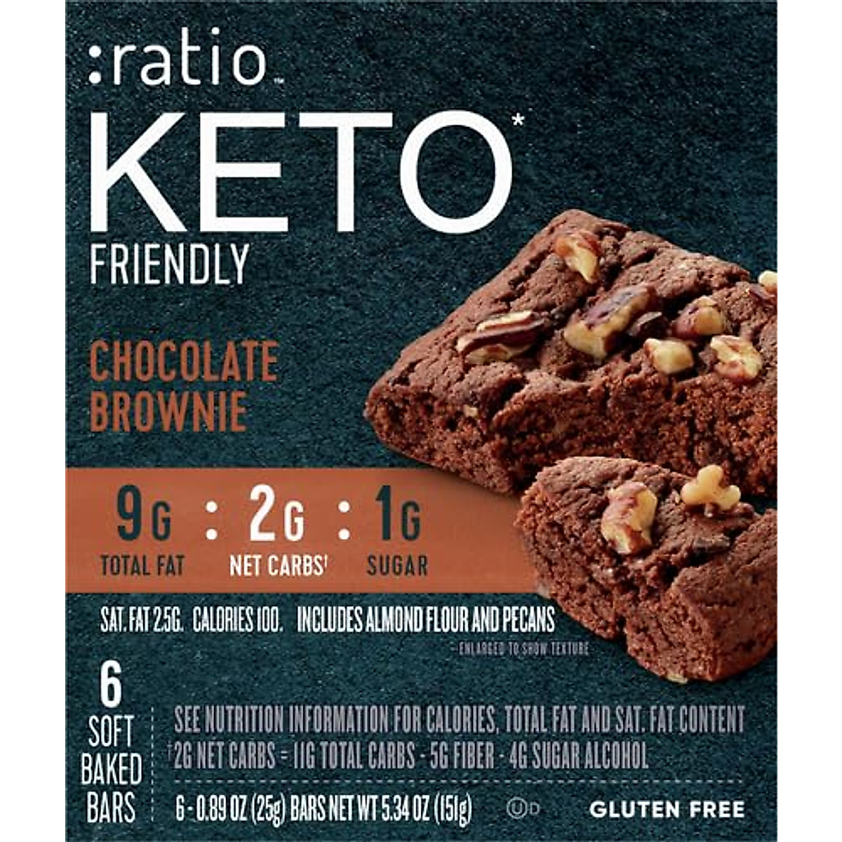 Ratio Soft Baked Bars, Chocolate Brownie, 1g Sugar, Keto Friendly, 5.34 OZ (6 Bars)