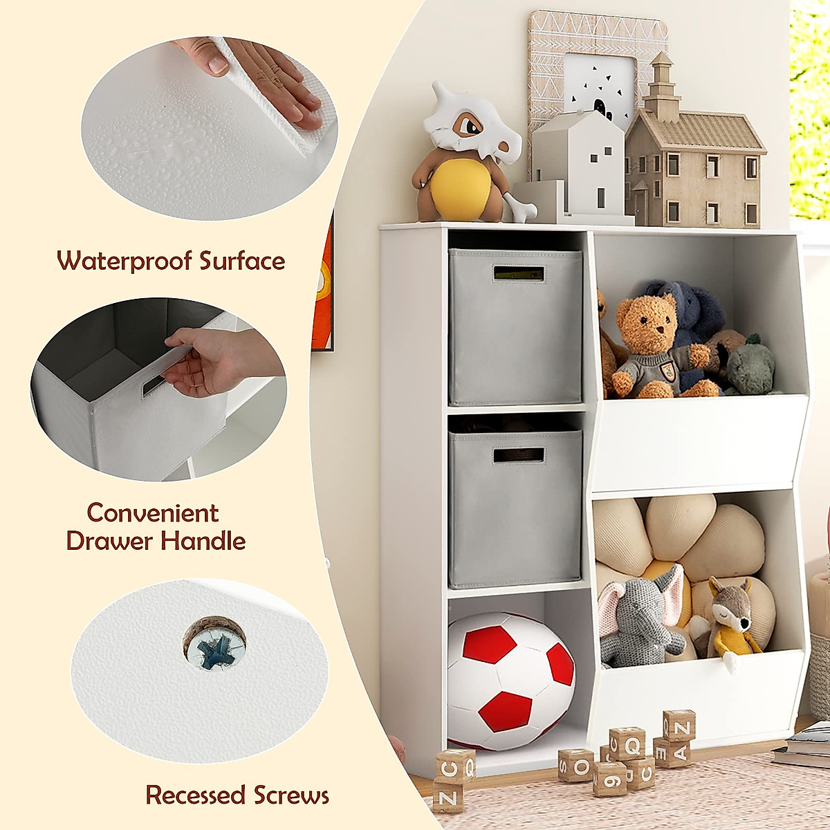 HONEY JOY 5 Cubbies Kids Toy Storage Organizer, Children Bookcase and Bookshelf w/2 Storage Boxes, Wooden Muti-Bins Toy Storage Display Cabinet for Playroom, Nursery, Daycare, Kindergarten