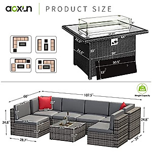Aoxun 8PCS Patio Furniture Set with 44" Black Fire Pit Table Outdoor Sectional Sofa Set Wicker Furniture Set with Coffee Table (Grey Wicker)