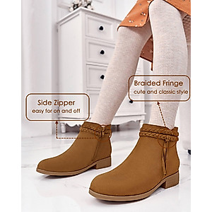 Coutgo Girls Ankle Boots Cowgirl Braided Fringe Strap Chunky Low Heel Suede Booties Western Walking Shoes Toddler Little Kid Big Kid,Brown,Size 2