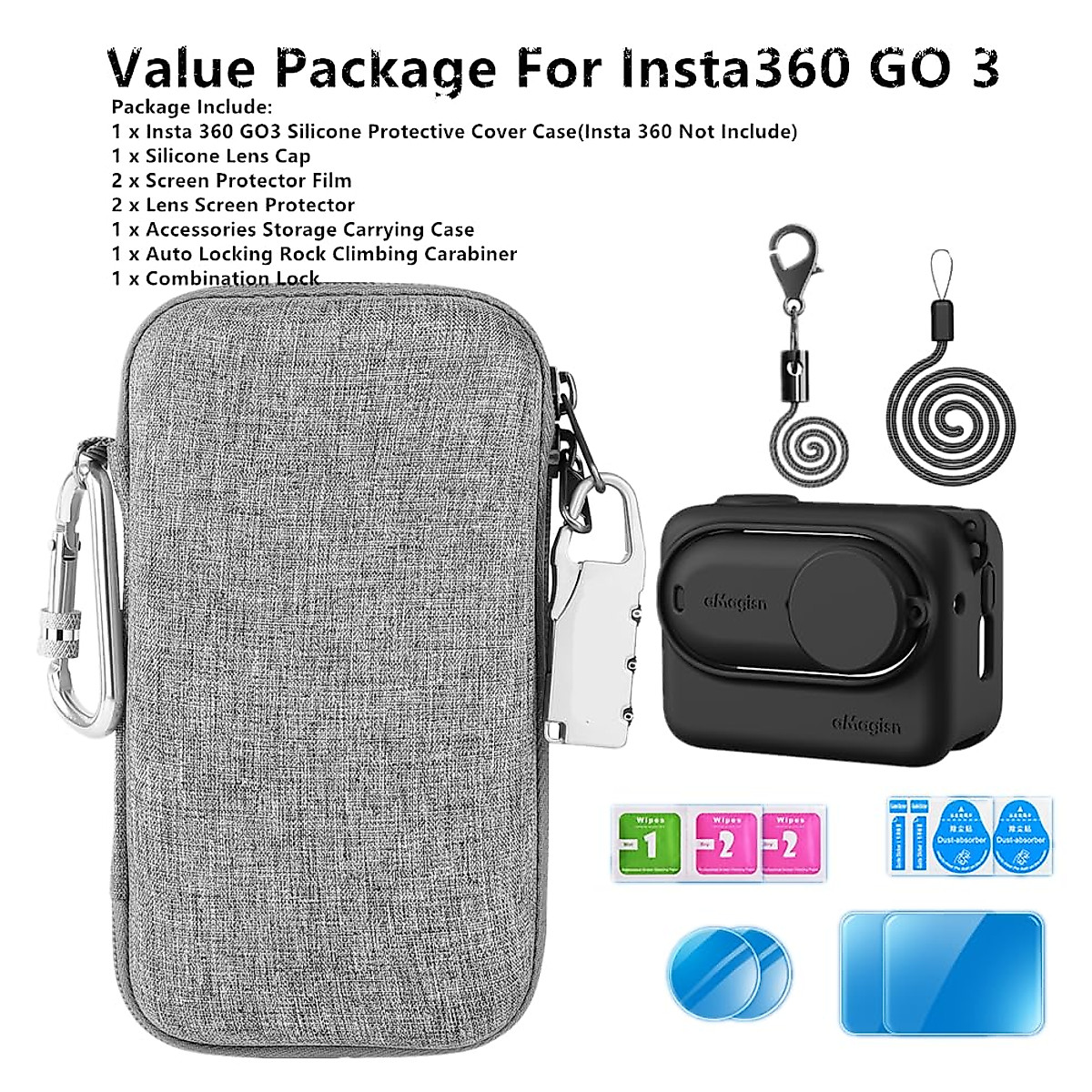 LEWOTE Accessories Kit Compatible with Insta360 GO 3 [Silicone Camera Case Cover and Lens Cap][2Pcs 3D Screen Protector Film][Carrying Case Bag with Auto Locking Carabiner and Anti-loss Lock] (Gray)