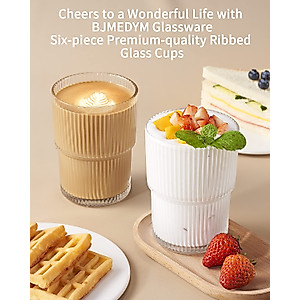 BJMEDYM Ribbed Glassesware 14 Oz Ripple Drinking Glasses Iced Coffee Glasses Glass Cup Set Of 6 Vintage Drinking Glasses Water Glasses Fluted Glassware Cocktail Glass Cute Glass Cups