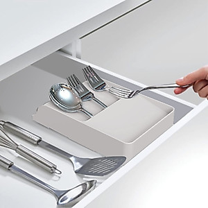 Coonice Cutlery Holder with Drip Tray Drawer, Flatware Organizer Sink Tidy Caddy Separable Parts Drawer Organizers Ivory White