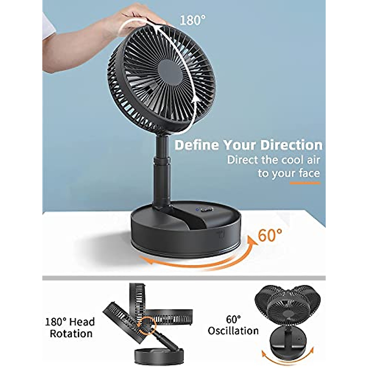 Koonie 8-Inch Foldaway Oscillating Fan with Remote Control, 7200mAh Rechargeable Battery Operated Pedestal Fan for Bedroom, Timer, 4 Speed, Fast Charging Portable Table Fan for Camping, Outdoor, Room