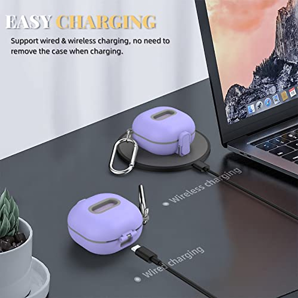 Secure Lock Case for Samsung Galaxy Buds 2 Pro/Galaxy Buds 2/Galaxy Buds Pro/Galaxy Buds Live, WOFRO Shock-Absorbing Protective Cover TPU Hard Shell with Lanyard and Keychain[One-Click pop] (Purple)