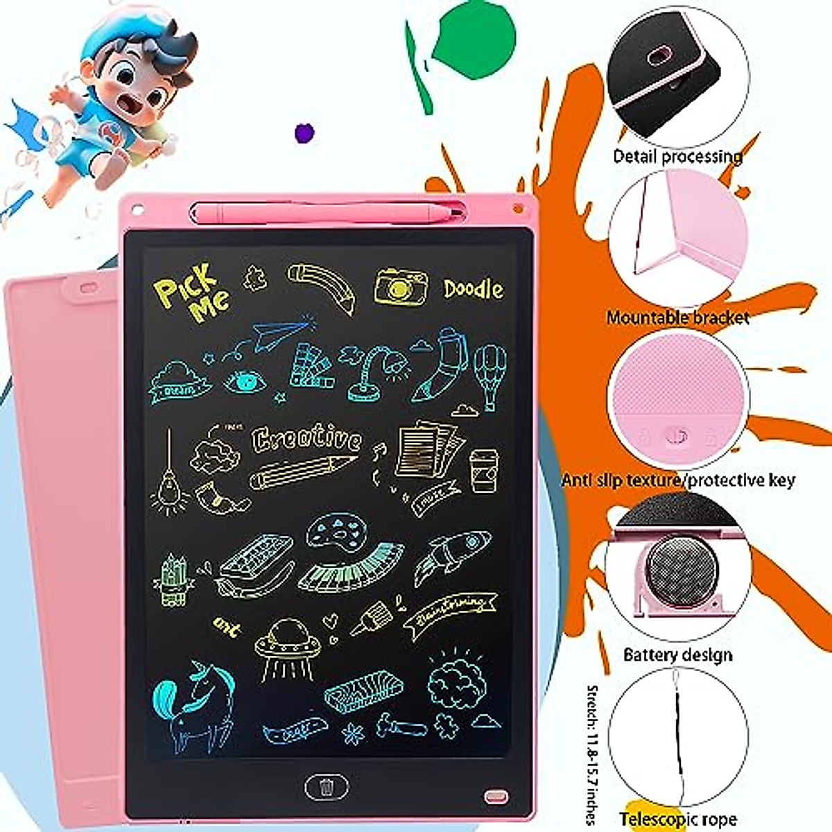 LCD Writing Tablet 2 Packs Toddler Toys, 12 Inch Doodle Board Drawing Pad Gifts for Kids Games, Erasable Colorful Drawing Board Toy Christmas Birthday Gift for 2 3 4 5 6 7 Years Old, Pink Black