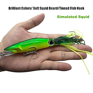 DAMIDEL 4 Pcs Large Simulation Squid Fishing Lures Bait Kit, Over 5.5 in/ 43g, 3D Holographic Eyes，Built-in Multicolored Lead BlocksThrough Heavy Duty ，Stable and Tempting