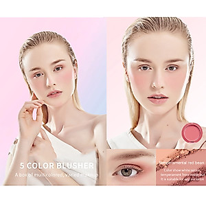 UCANBE 5 Colors Face Blusher Palette Waterproof Matte Long Lasting Lightweight Blush Powder Pink Coral Blushing Pallet with Brush Mirror Women Makeup Gift Set Kit