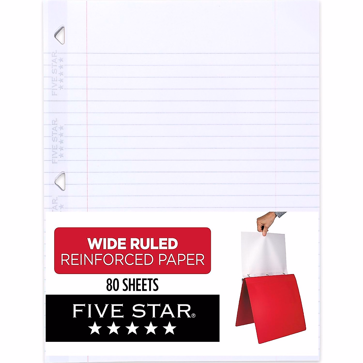 Five Star Loose Leaf Paper, Notebook Paper, Wide Ruled Filler Paper, Reinforced, Fights Ink Bleed, 8 x 10.5, 80 Sheets (150002-23), White