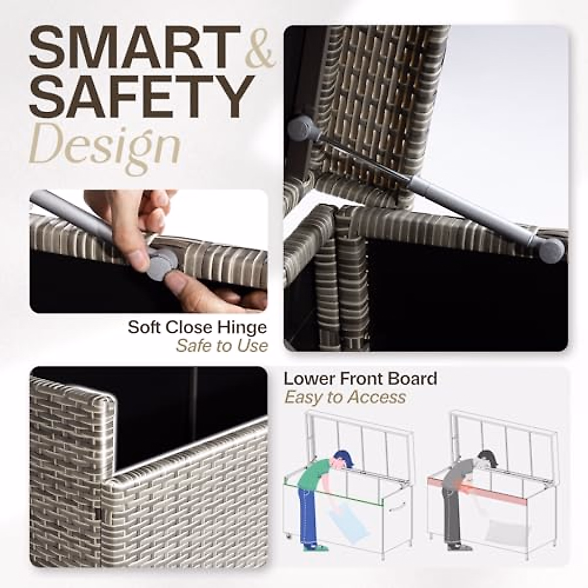 Idzo Outdoor Wicker Storage Box, 1000 Hours UV Wicker Cushion Storage Box for Patio Durable Against Weather, 200 Gallon Extra Large Deck Box, Soft-Close Hinge Included - Light Gray