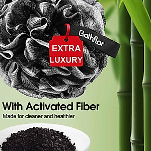 Bathflor Loofah Sponge Exfoliating Body Scrubber: 4PCS Extra Large 80g Shower Loofahs Poufs, 1PCS Long Handle Loofa Back Scrubber, 1PCS Luffa Hook, Charcoal Loofah Pack for Women Men Bath Wash, Black