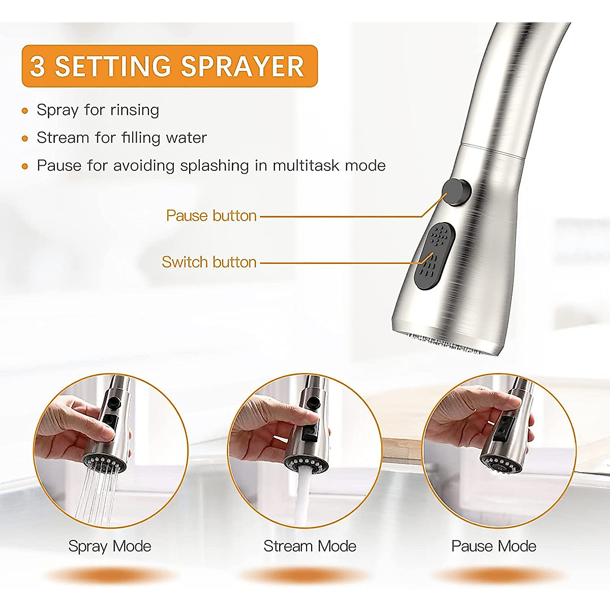 ShiningLove Kitchen Faucet, Modern Kitchen Sink Faucet with Pull-Down Sprayer, Single Handle Stainless Steel Sink Faucet for Kitchen Sink Brushed Nickel