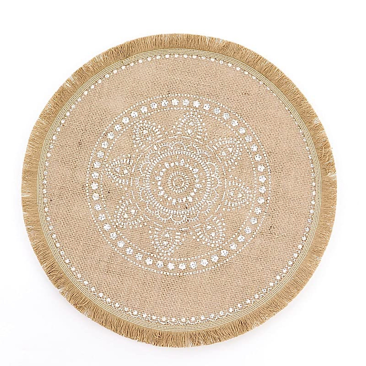 BalsaCircle 4 Natural 15 in Round Burlap Jute Placemats White Prints Fringe Tassel Trim Party Events Reception Decorations Supplies