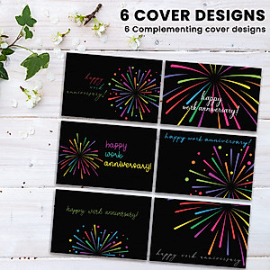 Better Office Products 36 Pack Work Anniversary Cards with Envelopes, Business Employee Appreciation Cards, Bulk Set, 4 x 6 Inch, 6 Fireworks Cover Designs,
