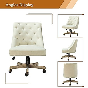 Modern Tufted Armless Home Office Chair, Comfy Upholstered Desk Chair with Vintage Wood Base, Height Adjustable Swivel Computer Task Chair for Living Room Bedroom, Ivory