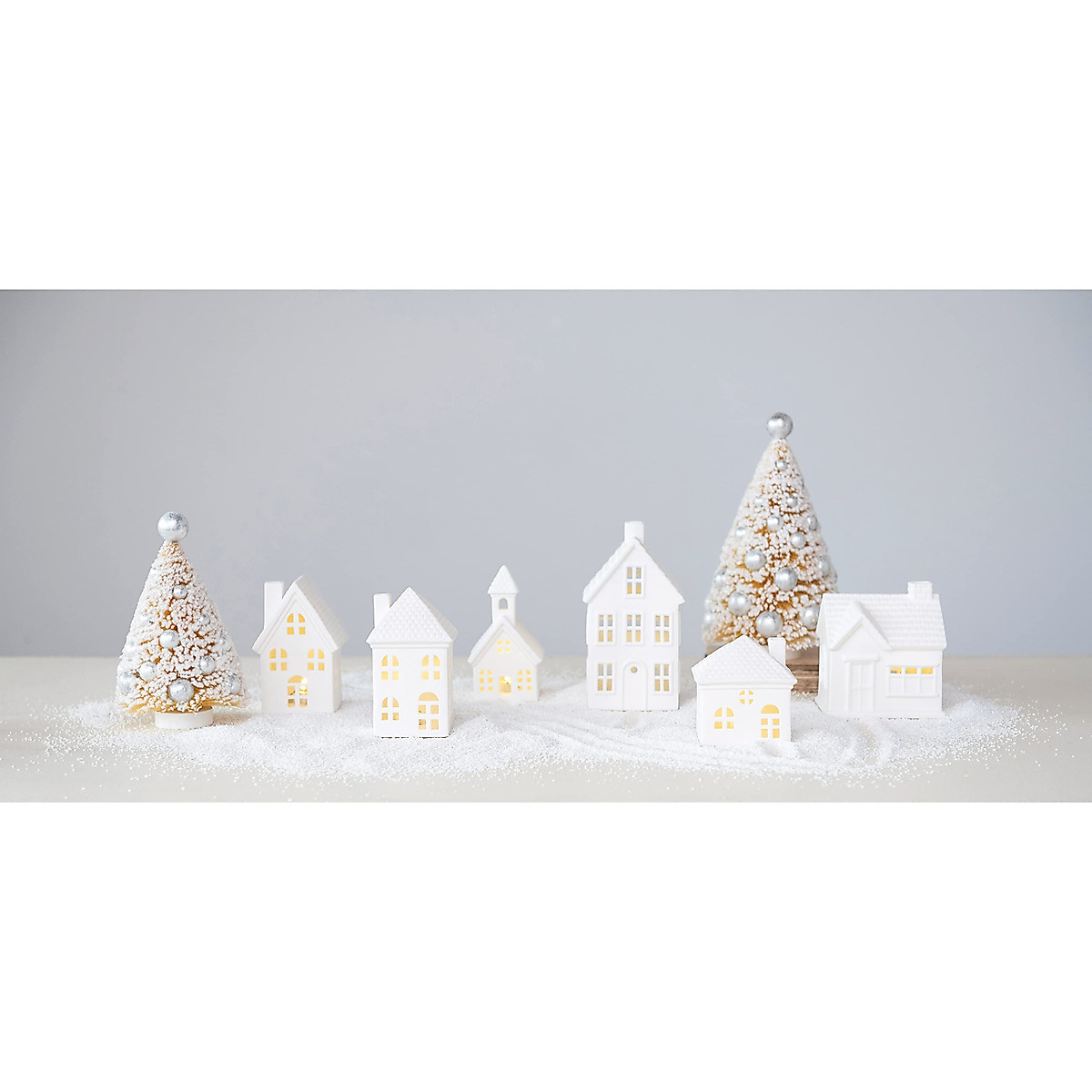 Creative Co-Op Stoneware Bisque Houses with LED Lights, White, Set of 6