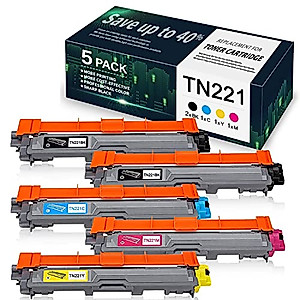 Compatible Toner Cartridge Replacement for Brother TN221BK TN221C TN221M TN221Y Work with MFC-9130CW HL-3170CDW HL-3140CW MFC-9330CDW Printer 5 Pack(2 Black, 1 Cyan, 1 Magenta, 1 Yellow)