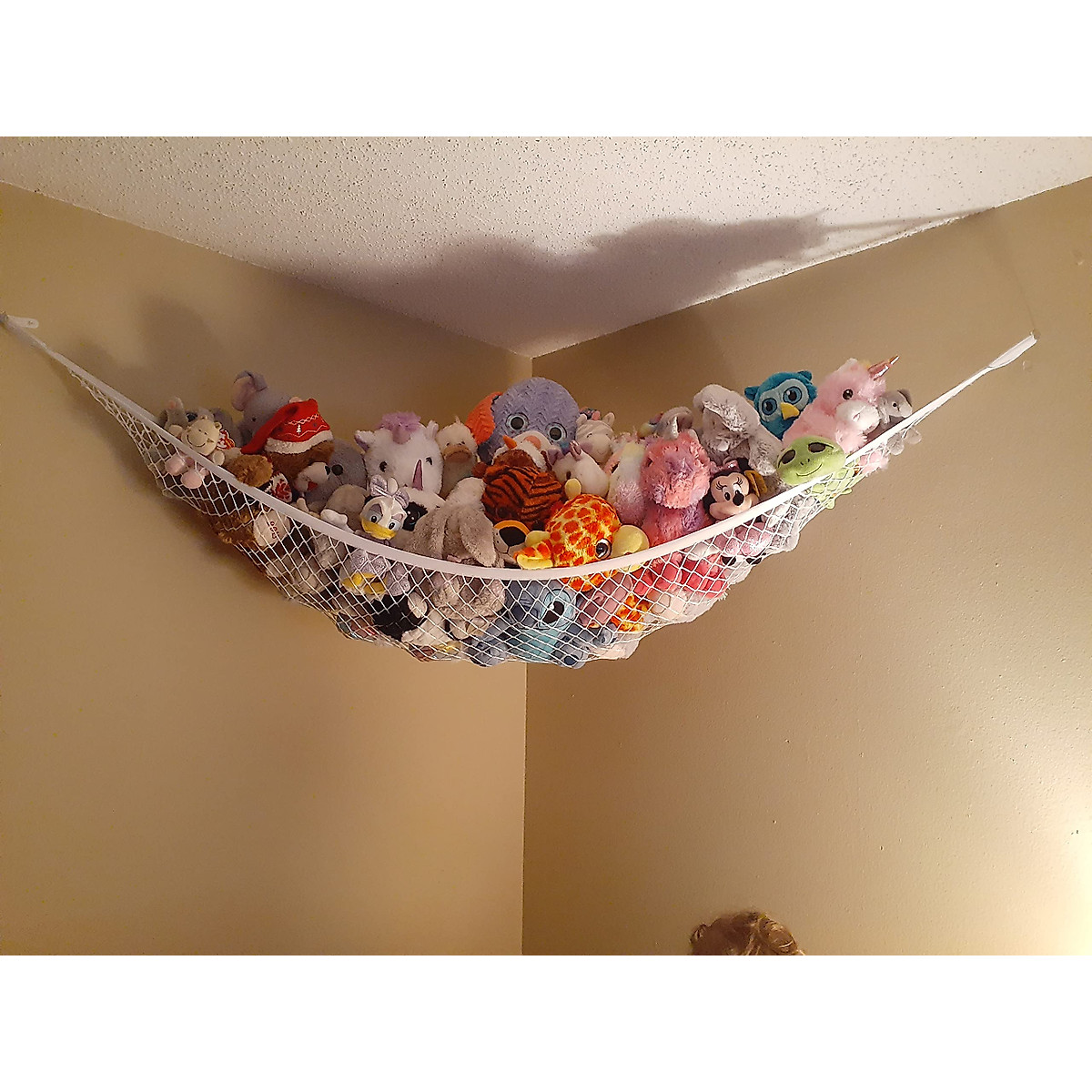 Toy Hammock, Huijukon Jumbo Corner Toy Hammock Toy Storage Net Hammock Collection Organizer for Stuffed Animals Squishmallows Cuddly Plush Soft Toys | Size: 86" x 60" x 60" (White)