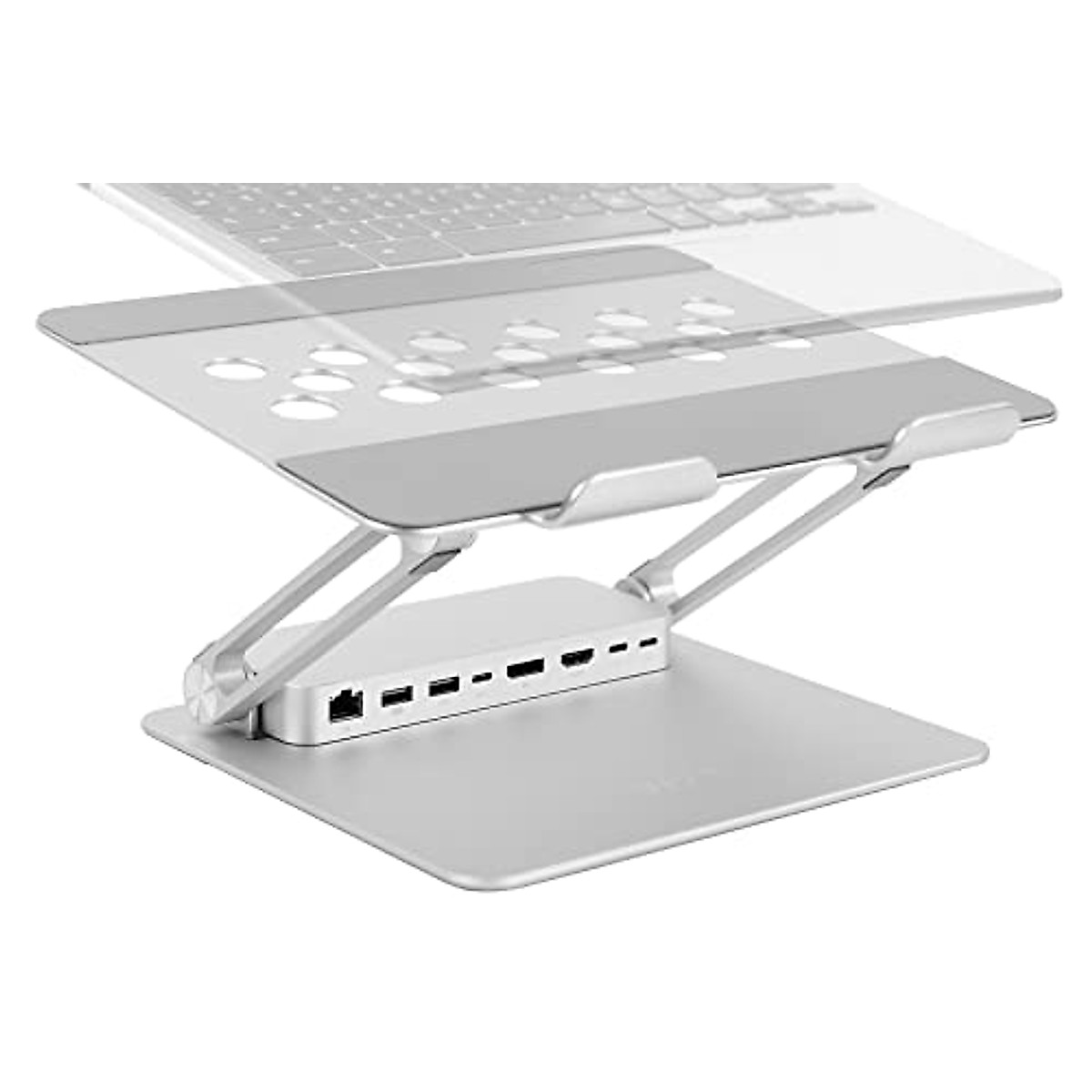 VIVO Universal 11 x 9 inch Height Adjustable Ergonomic Laptop Riser Docking Station with USB-C, USB-A, HDMI 4K60, DP 4K60, PD, RJ45, Tabletop Desk Stand Power Hub, Silver, STAND-V000LD