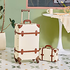 CO-Z Vintage Luggage Sets, 2 Piece Retro Suitcase with Spinner Wheels TSA Lock and Carry On Briefcase, Large 24" Trunk Small 12" Train Case Leather Travel Luggage Set for Women Men, Beige