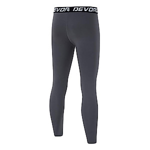 DEVOROPA Boys Leggings Quick Dry Youth Compression Pants Sports Tights Basketball Base Layer Gray S