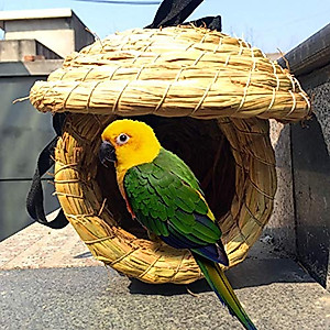 Hamiledyi Birds Nest Straw Eco-Friendly Straw Birdhouse 100% Natural Fiber Bird Nest Hut Cozy Resting Breeding Place with Birds Toy for Medium-Sized Parrots Conures Cockatiel,Large