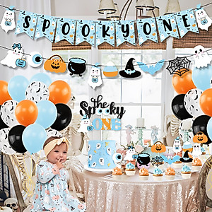 Blue Halloween First Birthday Decor, Boys Halloween Spooky One Banner Blue Cute Ghost Cake Topper Balloons for Halloween Theme 1st Birthday Party The Spooky One Little Boo Happy Boo Day Party Supplies