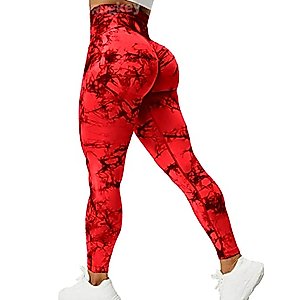 Rugkey Scrunch Butt Lift Leggings for Women Tie Dye High Waist Seamless Gym Workout Yoga Pants Ruched Booty Compression Tights Red XL