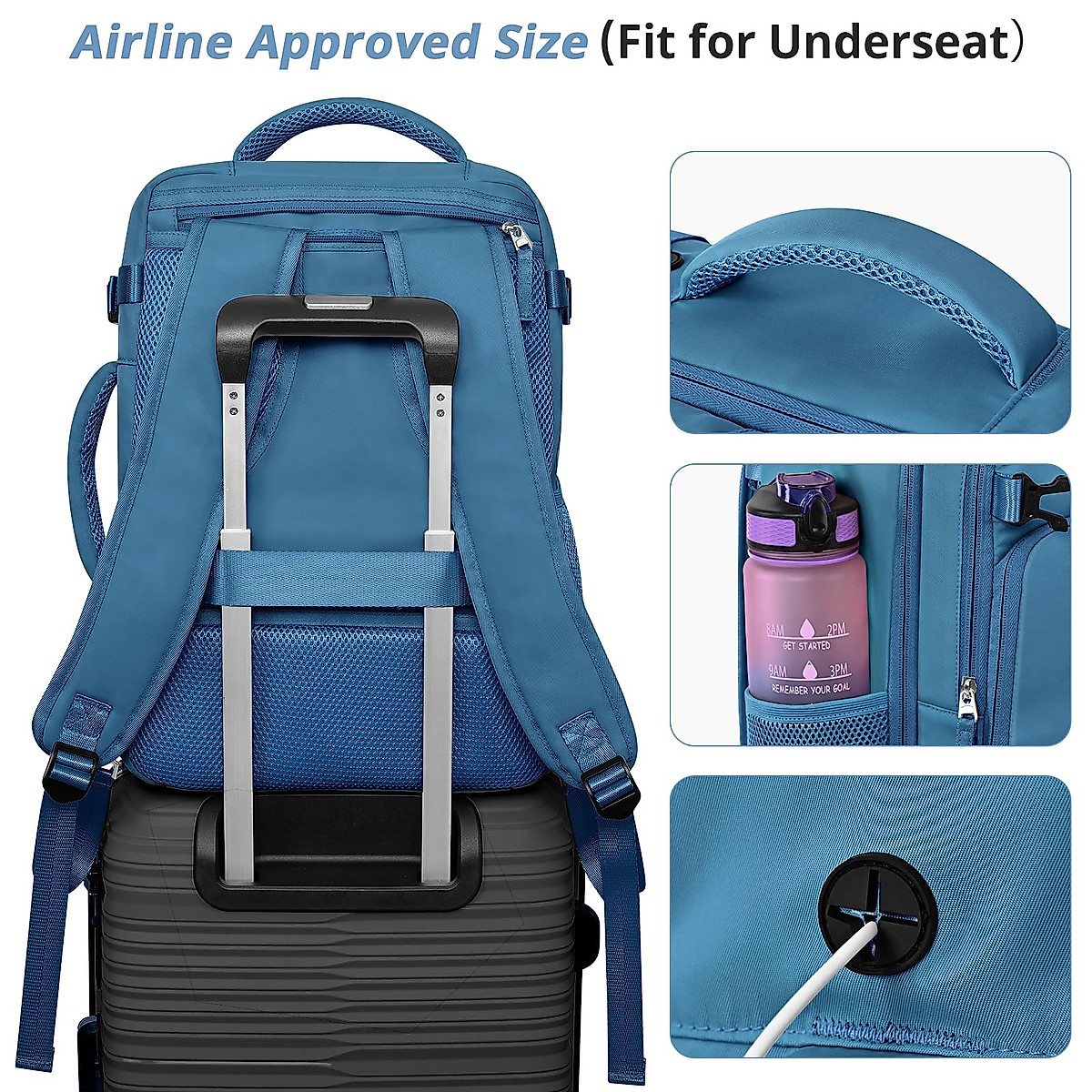 Snoffic Premium Carry On Backpack, Travel Backpack for Women Airline Approved, Large Waterproof College Business Work Hiking Casual Daypack Bag, Fits 16" Laptop, Dark Blue