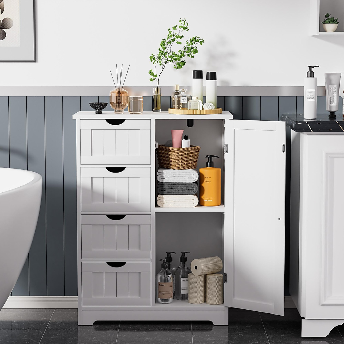MUPATER Small Storage Cabinet Organizer with 4 Drawers and 1 Cupboard, Freestanding Compact Floor Towel Cabinet for Bathroom and Entryway, White