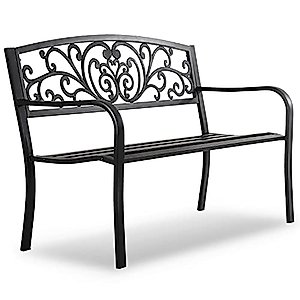 HCY 50 Inches Garden Bench Outdoor Metal Bench Patio Garden Bench Sturdy Steel Frame Furniture for Yard, Outdoor, Park, Porch, Entryway, Lawn,(Black)