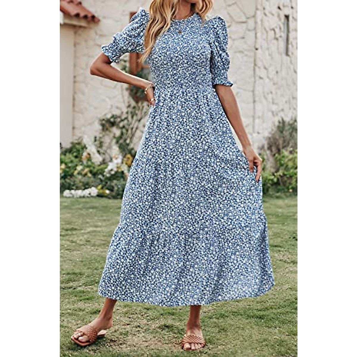 BTFBM Women Casual Summer Dresses 2023 Spring Crew Neck Ruffle Short Sleeve Floral Leopard Smocked Boho Flowy Maxi Dress(Floral Blue White, Medium)