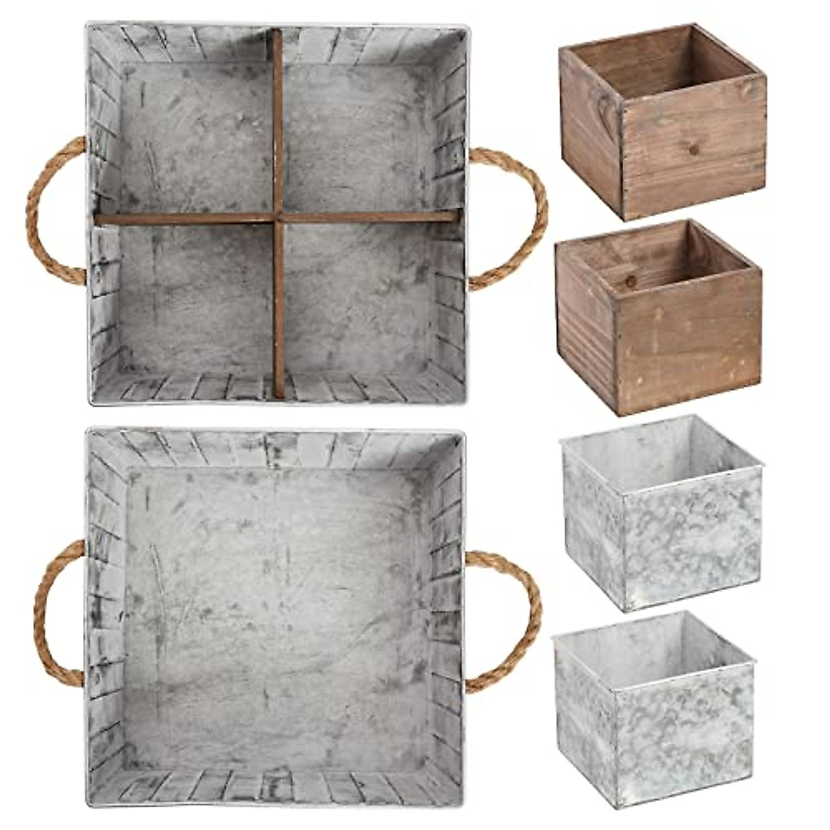 Farmlyn Creek 5 Piece Galvanized Metal Tray with Dividers and Removable Wooden Storage Boxes, Rustic Kitchen Decor (13 x 5 In)