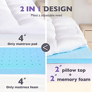 SINWEEK Dual Layer 4 Inch Memory Foam Mattress Topper King Size, 2 Inch Cooling Gel Memory Foam Plus 2 Inch Extra Thick Pillowtop Cover, Pressure Relief Soft Mattress Pad,Blue