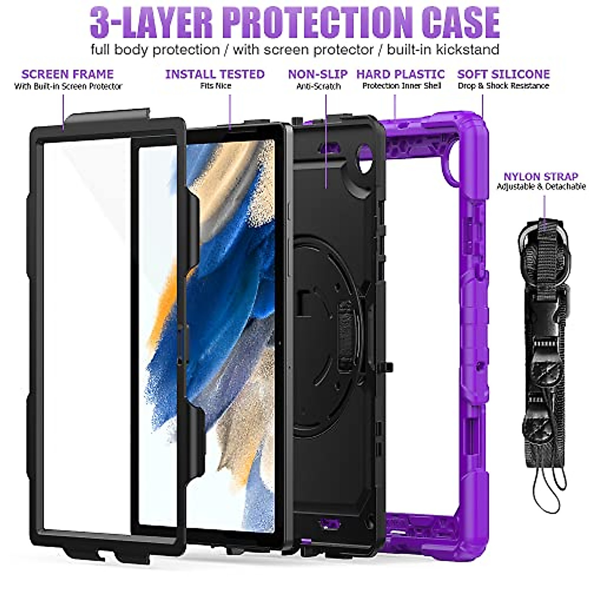 CLARKCAS Case for Samsung Galaxy Tab A8 10.5 Inch 2022, Case with Screen Protector Pencil Holder, Hand Strap Shoulder Strap, Kids Shockproof Silicone Rugged Cover Tablet Tab A8 Purple