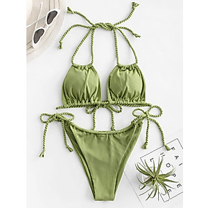 ZAFUL Ribbed Sexy Halter Bikini for Women Multi Way Bikini Sets Tie Side High Cut Two Piece Swimsuit Green M