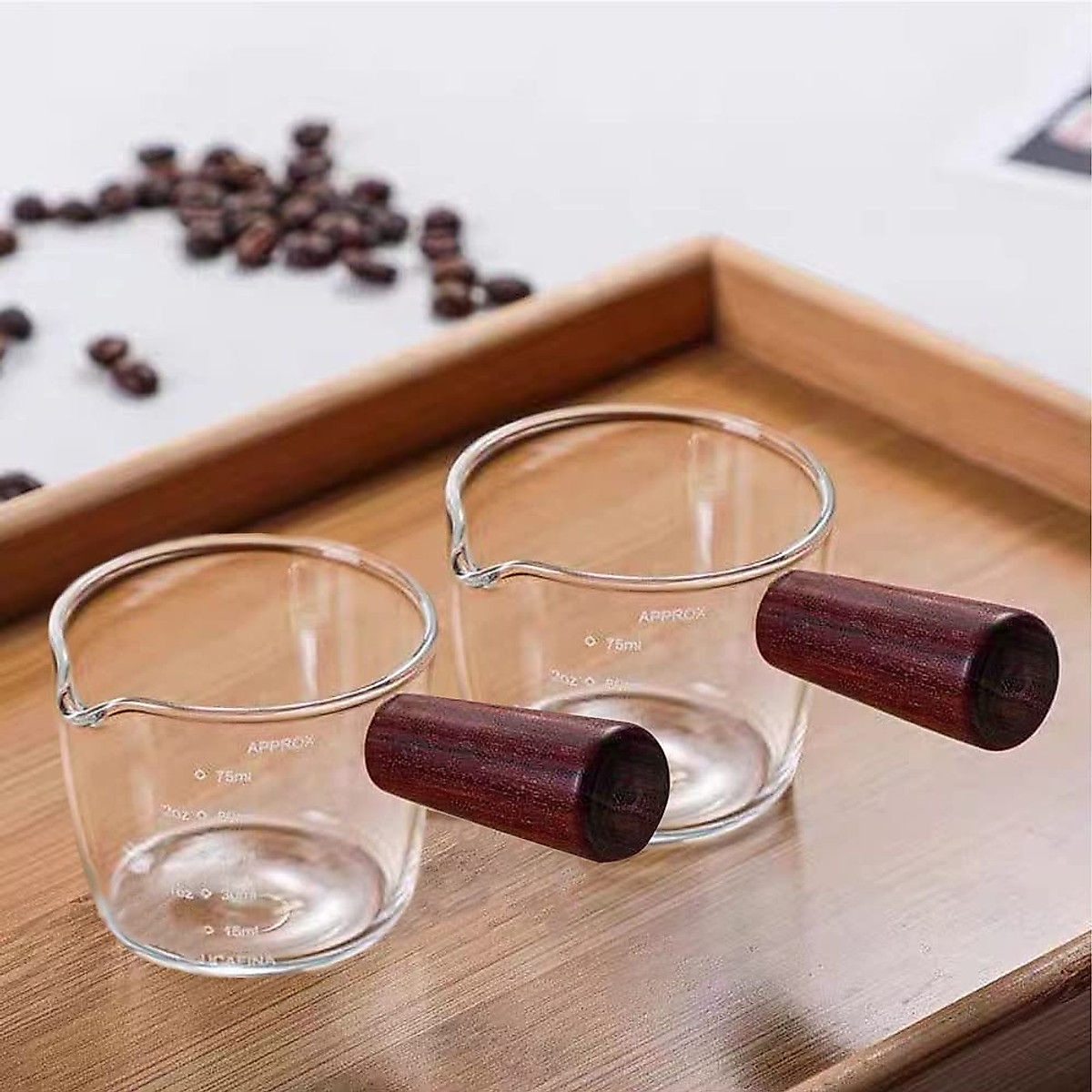 SunShade 2PCS Glass liquid measuring cup for Milk/coffee Cup, Espresso Shot Glass with Pouring Handle & Capacity tick mark , Clear Glass Cup, Liquor Glass Cups, Glass Round Beaker (75ml Glass)
