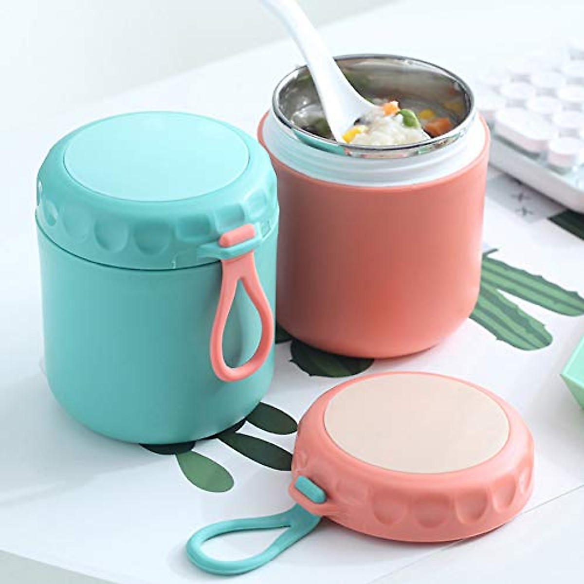 DENPETEC Vacuum Insulated Food Jar, Thermal Soup Cup for Hot Food,Insulated Water Cup Kitchen Stainless Steel Portable Sealed Bento Box Lunch Box Container (Pink, Spoon not included)