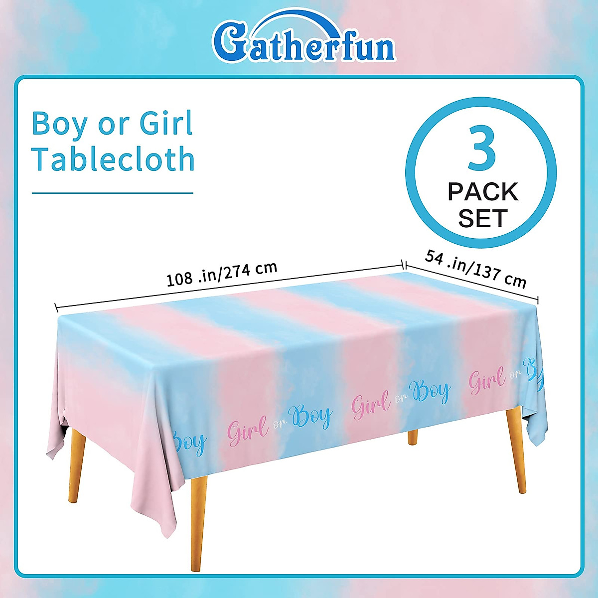 Gatherfun Gender Reveal Party Supplies Disposable Tablecloth Plastic Waterproof Table Cover for Boy or Girl Gender Reveal Party Baby Shower Birthday Party Decorations, 3 Pack 54X108inch