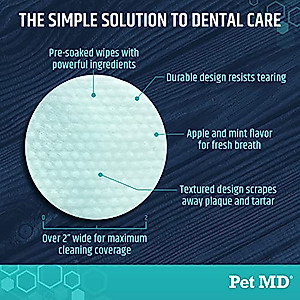 Pet MD Dog Breath Freshener Dental Wipes for Dogs - Tartar and Plaque Remover for Teeth Cleaning - Fresh Apple & Mint Scent Bad Breath Treatment for Dogs - 100 Count